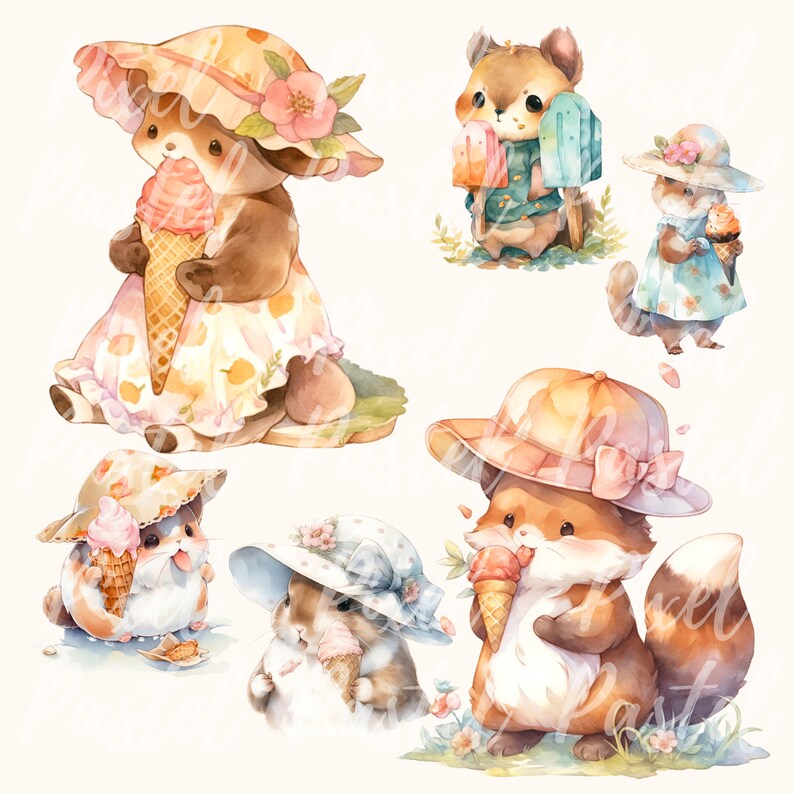 Ice Cream Watercolor Cute Animals Summer Cottagecore Clipart - Etsy
