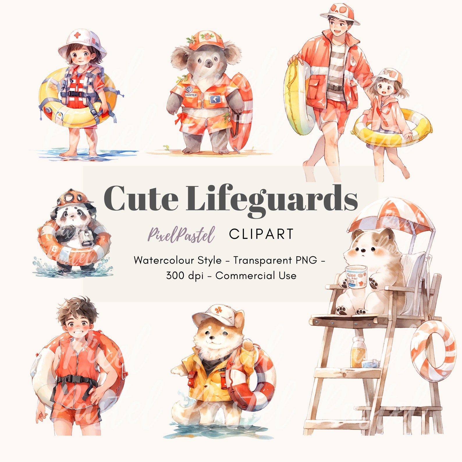 Watercolor Cute Lifeguard Clip Art Summer Animals Activities Family ...