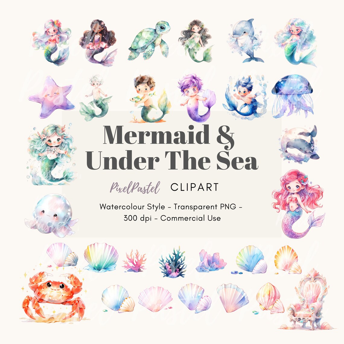 Mermaid Under the Sea Clipart, Merman, Cute Ocean Animal, Fantasy Clip ...
