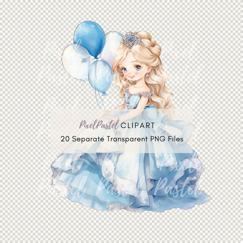 Watercolor Blue Dress Princess Clip Art Tiara Magic Wand Carriage Song ...