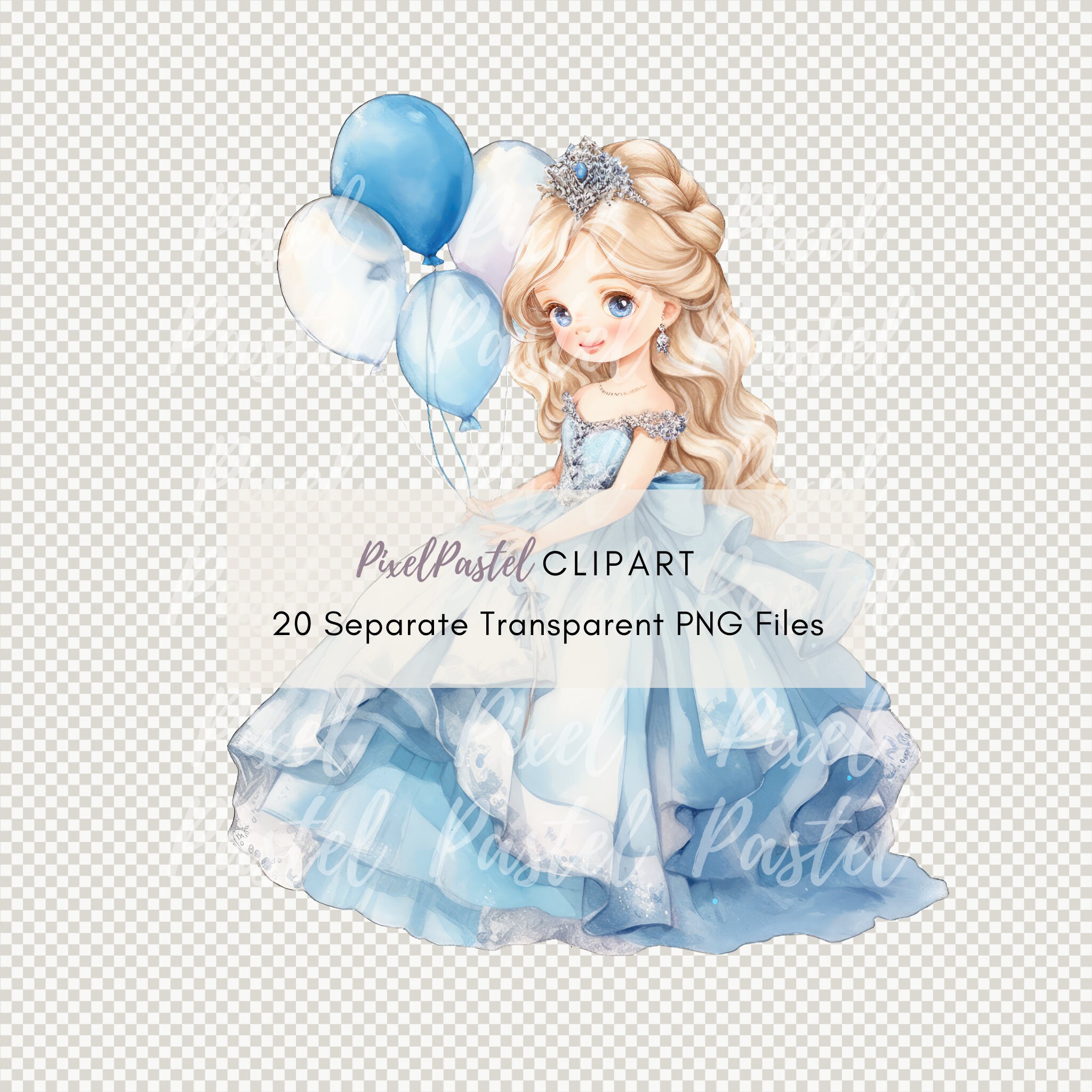 Watercolor Blue Dress Princess Clip Art Tiara Magic Wand Carriage Song ...