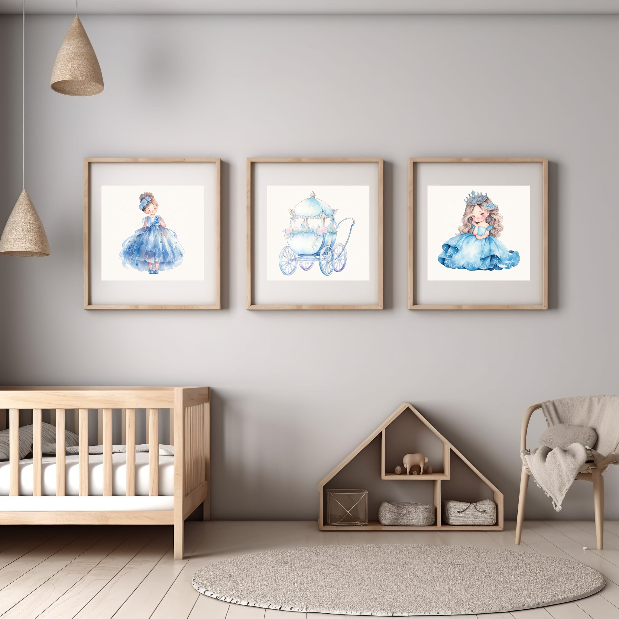 Watercolor Blue Dress Princess Clip Art Tiara Magic Wand Carriage Song ...