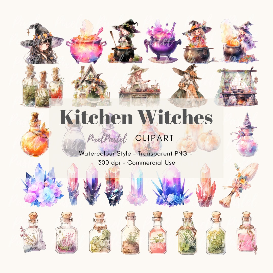 Watercolor Kitchen Witches Clip Art Halloween PNG Cauldron, Herbs ...