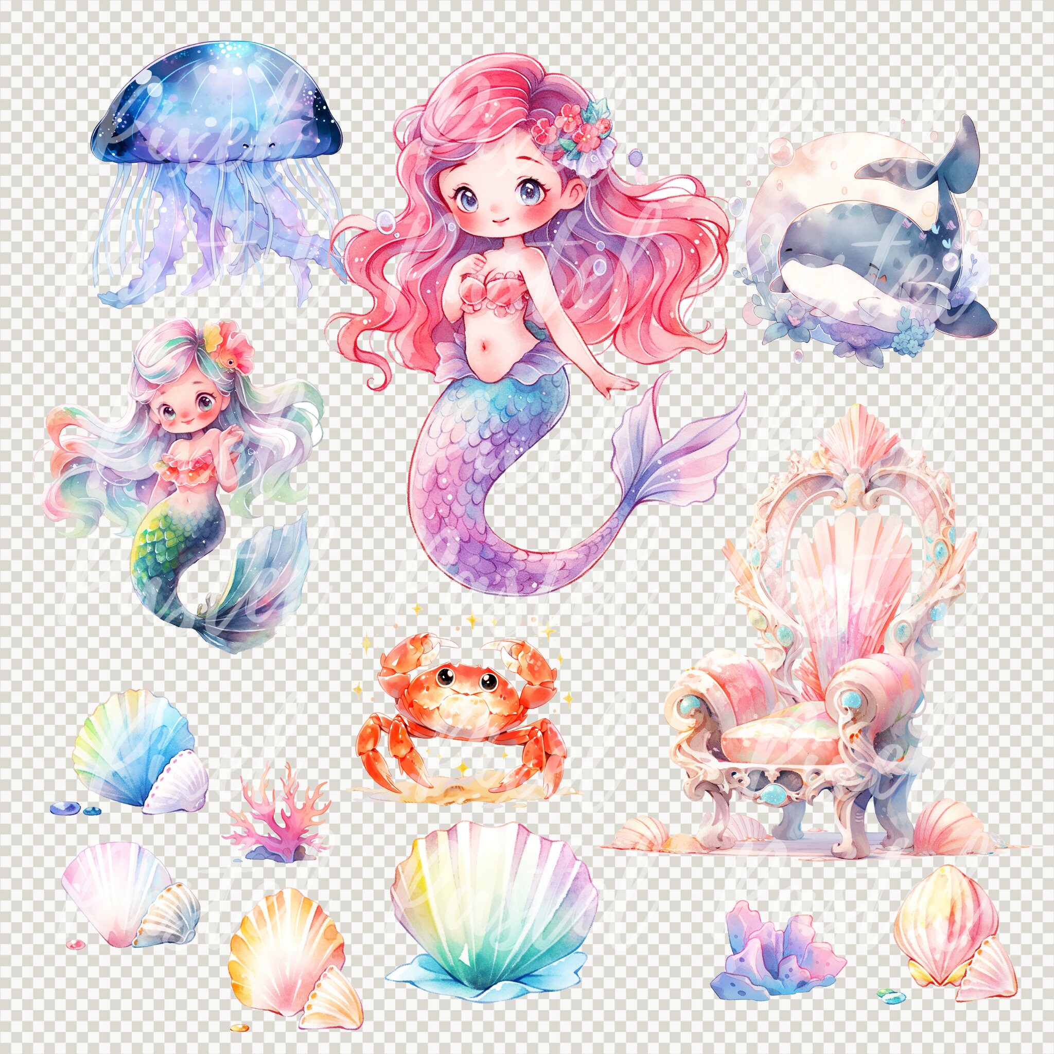Mermaid Under the Sea Clipart, Merman, Cute Ocean Animal, Fantasy Clip ...