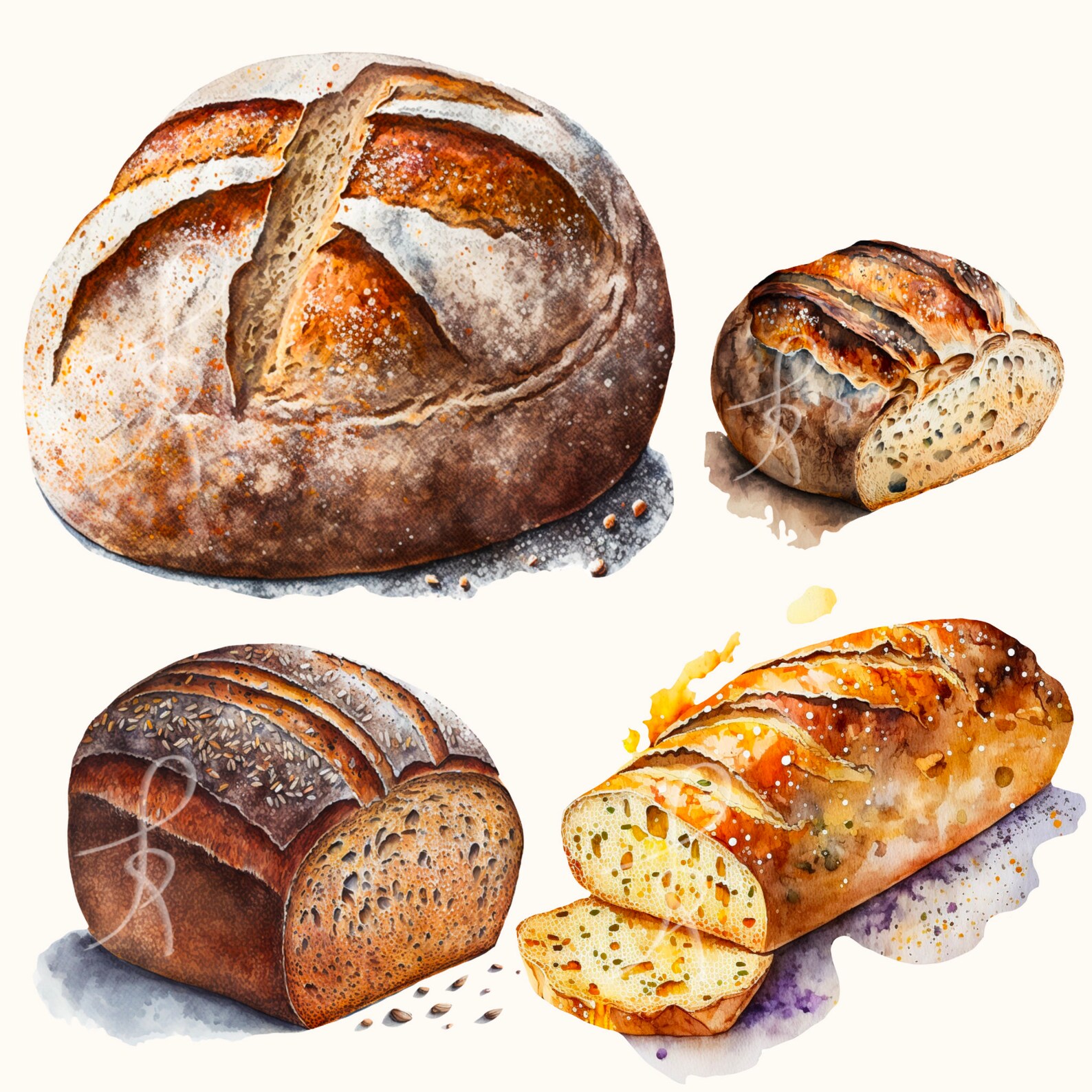 Watercolour Sourdough Bread Clipart PNG Baking Bread Clipart Commercial ...