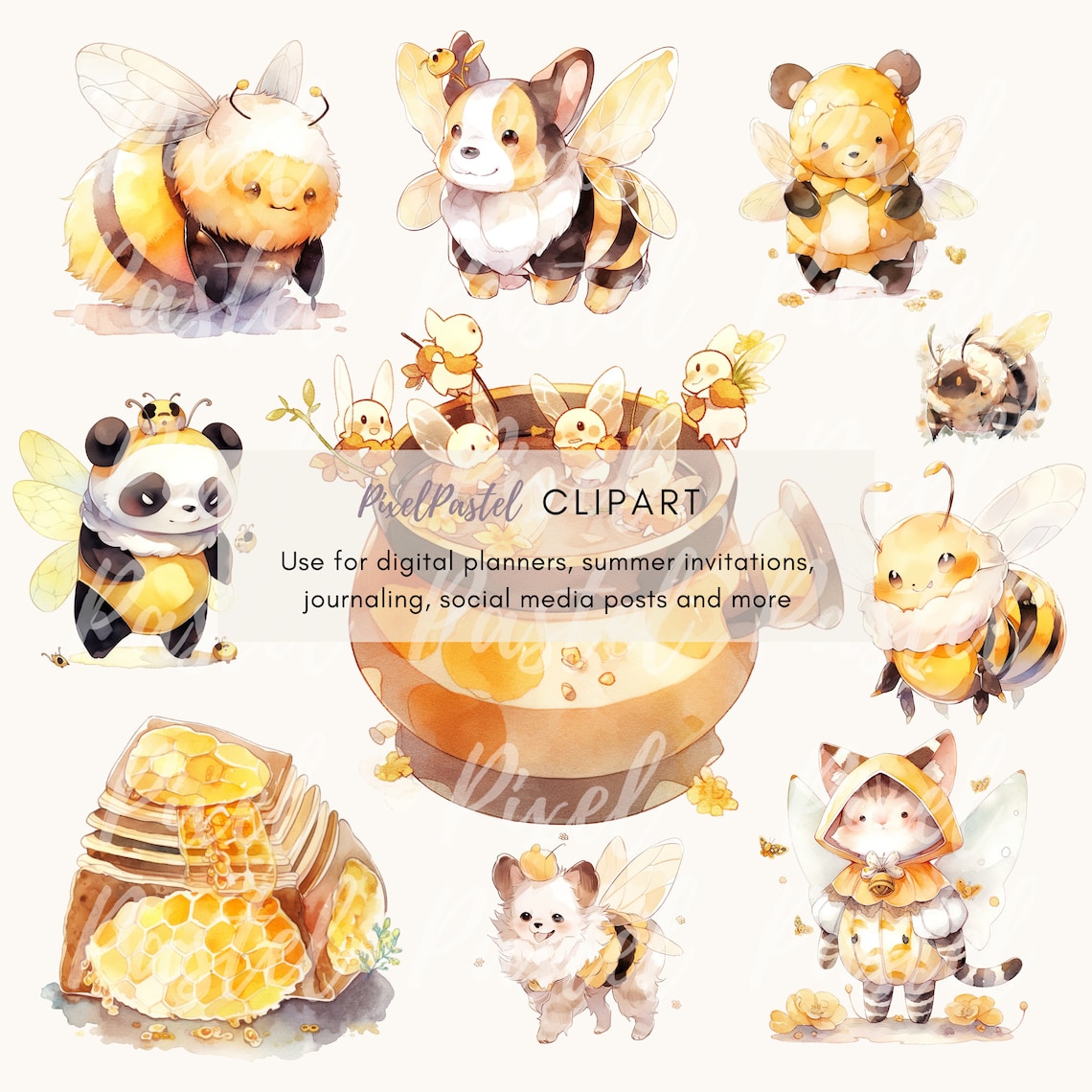 Watercolor Honey Bee Clipart Kawaii Animal Bumble Bee - Etsy