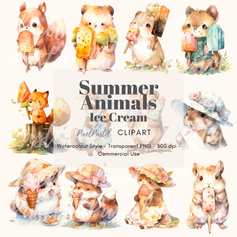 Ice Cream Watercolor Cute Animals Summer Cottagecore Clipart - Etsy