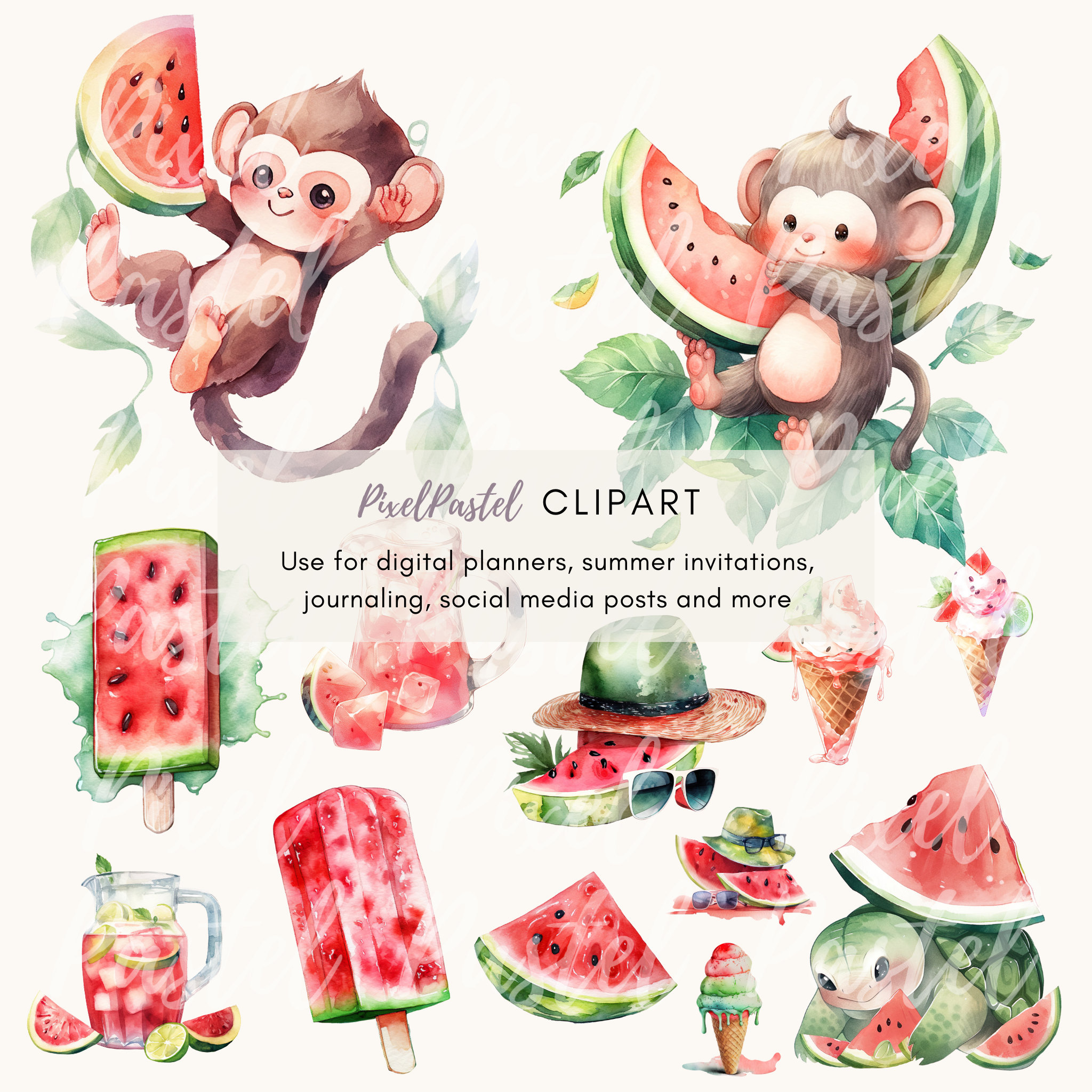 Watercolor Watermelon Clipart Summer Fruit Graphics Cute Animals Eating ...