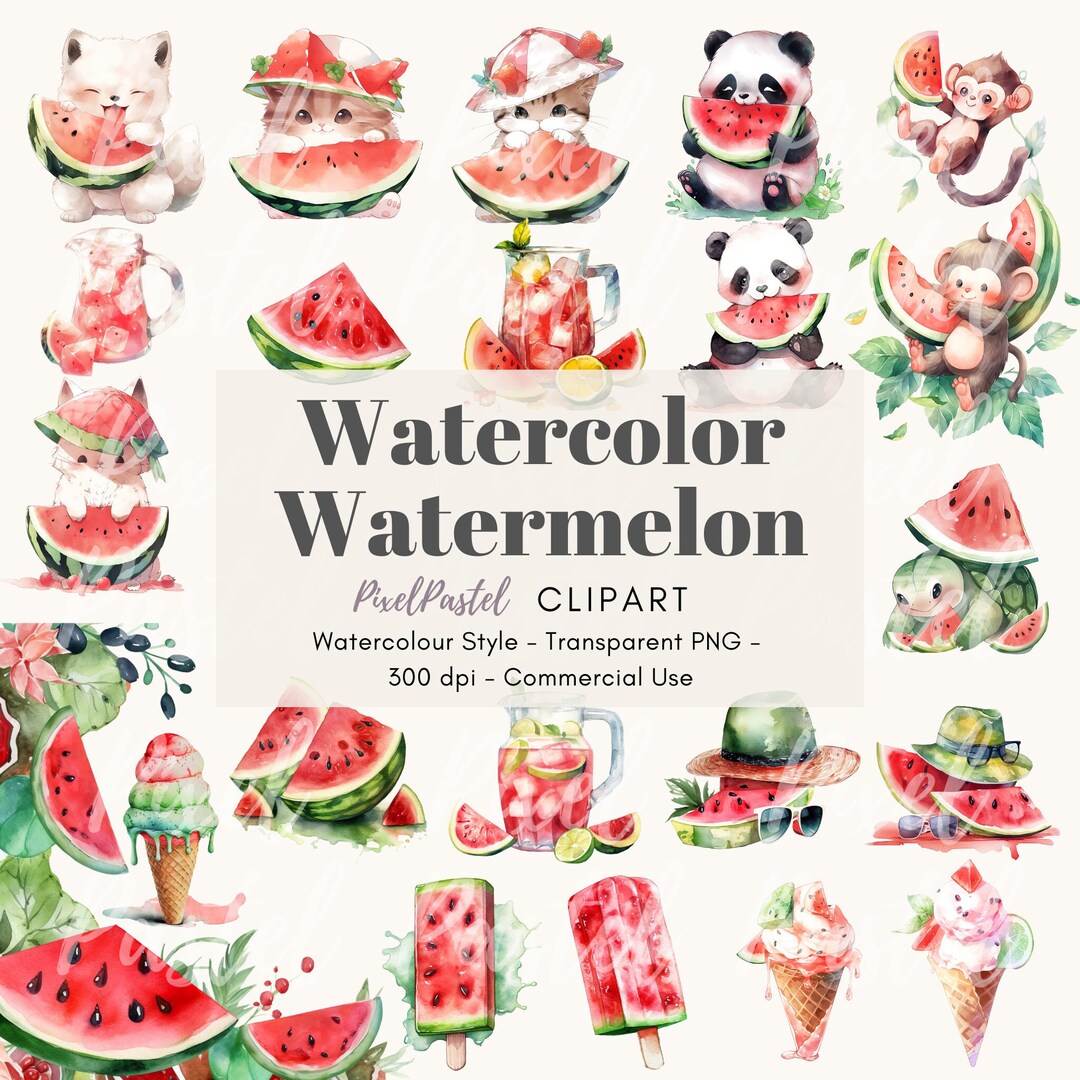 Watercolor Watermelon Clipart Summer Fruit Graphics Cute Animals Eating ...