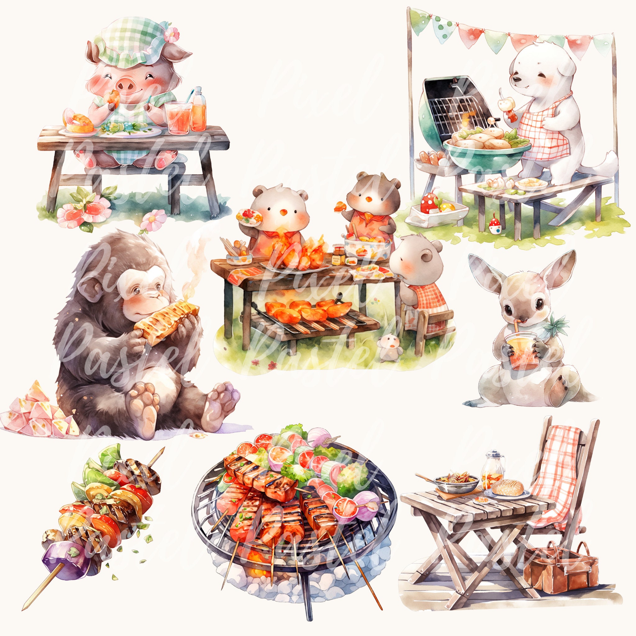 Watercolor Barbecue BBQ Clipart Cute Animal Party Clipart - Etsy