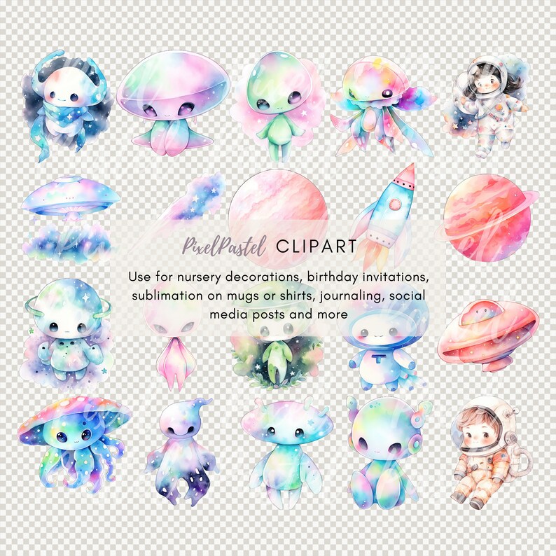 Watercolor Outer Space Alien Clip Art Kawaii Pastel Alien PNG ...