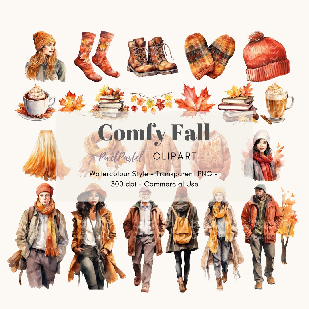 Watercolor Comfy Fall Clip Art Cozy Autumn Graphics Autumn Leaves Girl ...