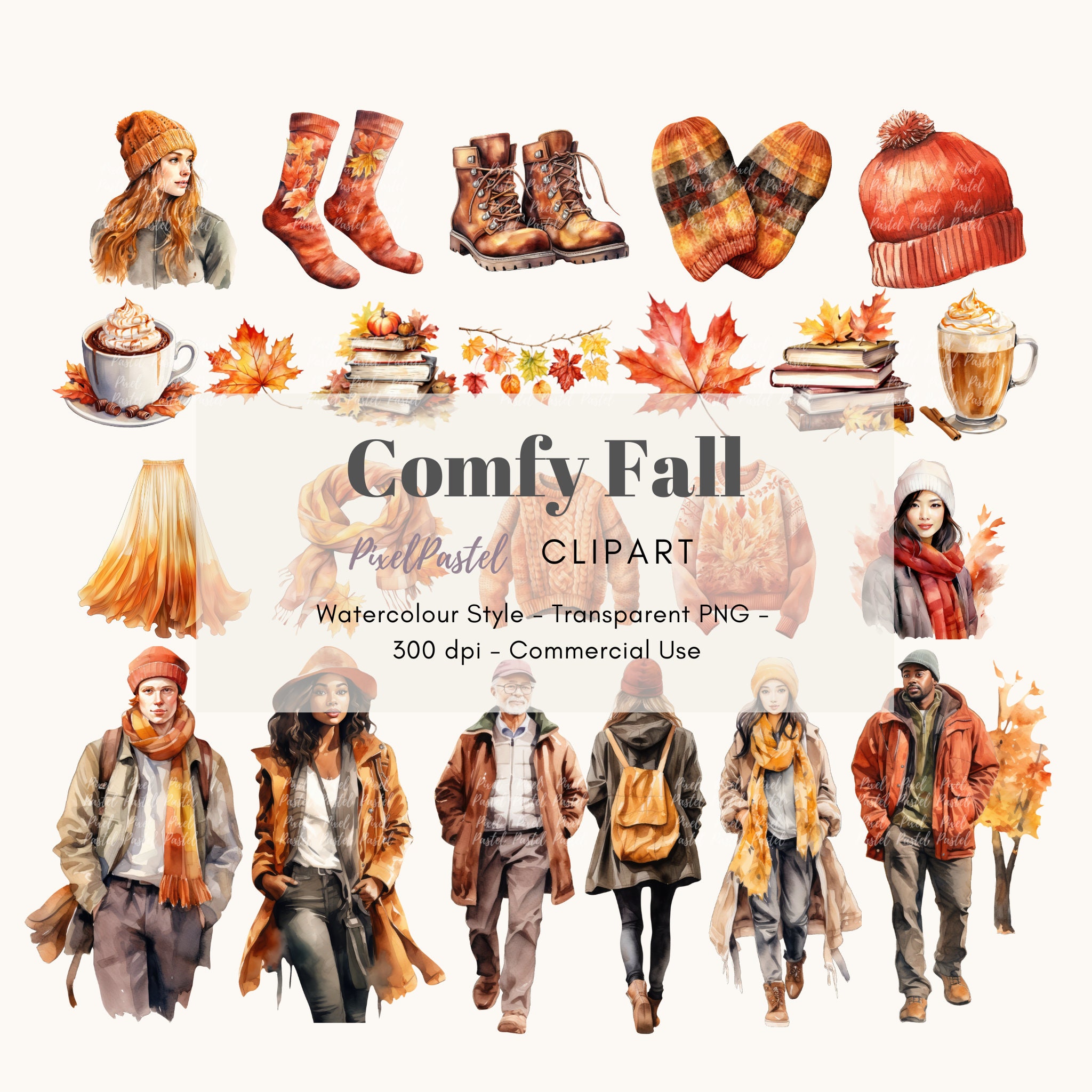 Watercolor Comfy Fall Clip Art Cozy Autumn Graphics Autumn - Etsy