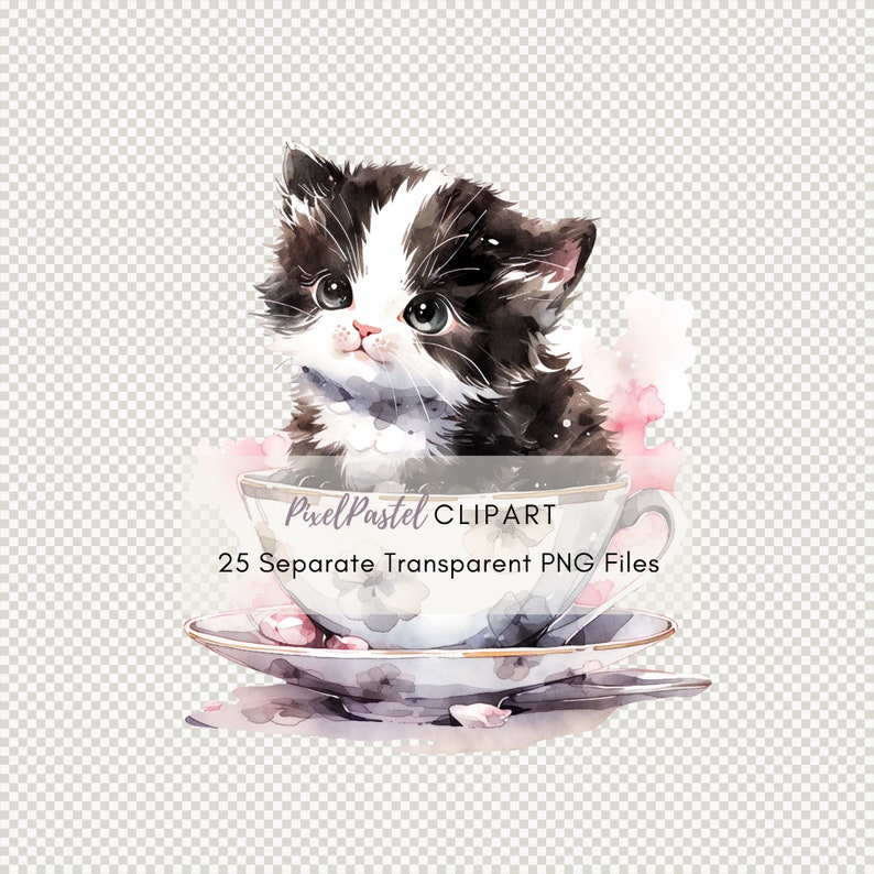 Watercolor Tuxedo Cat Clip Art Digital PNG Cats Black and White Cats ...