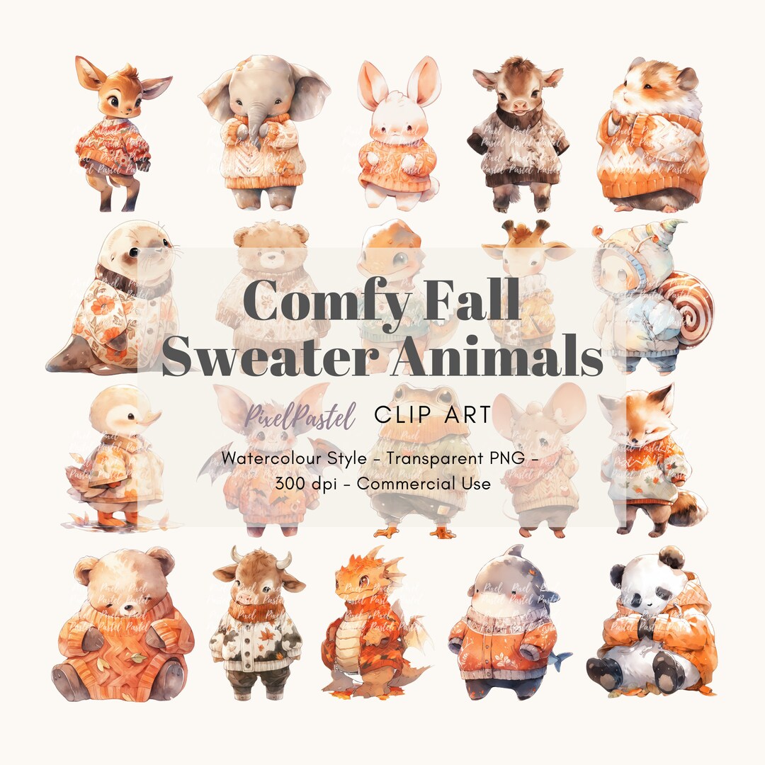 Fall Autumn Adorable Animals in Sweaters Clip Art Adorable Cozy Comfy ...