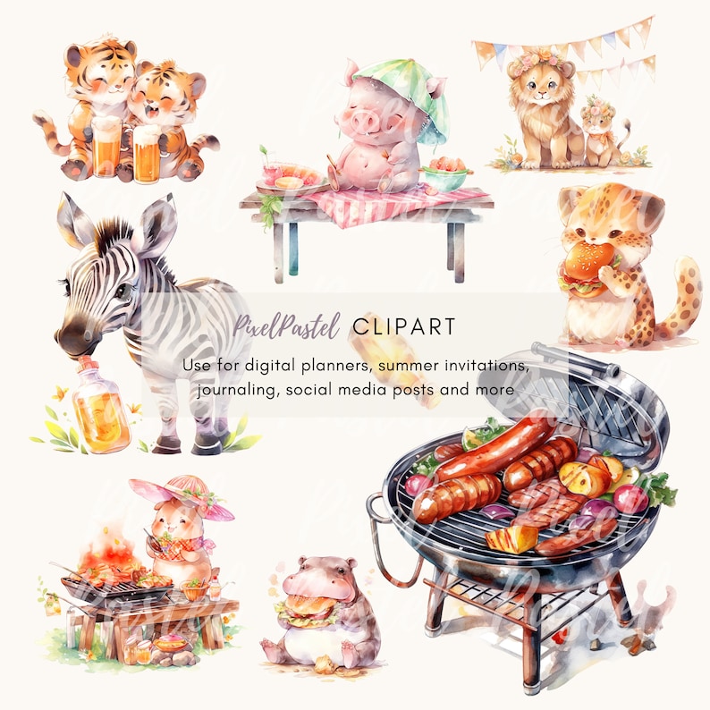 Watercolor Barbecue BBQ Clipart Cute Animal Party Clipart Summer ...