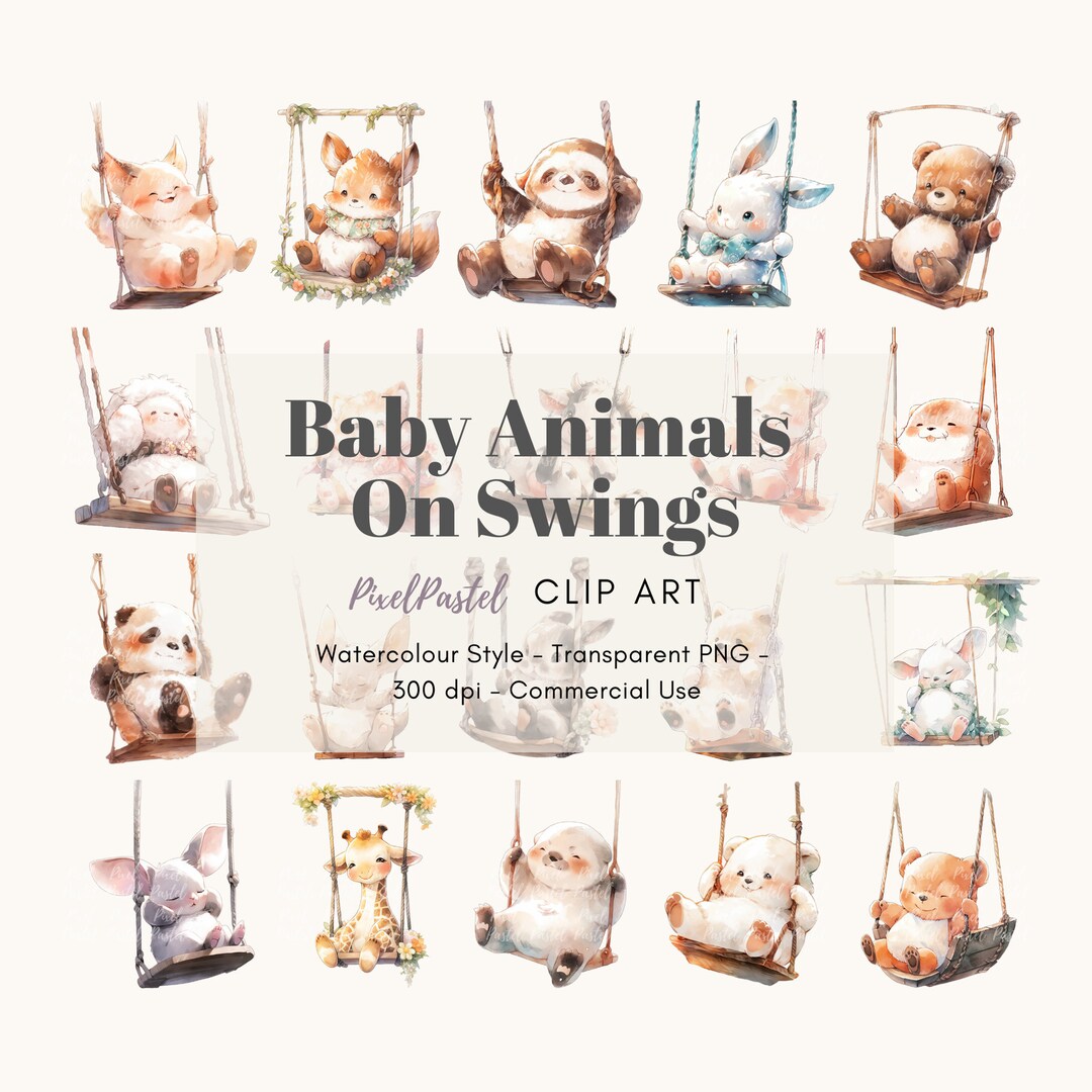 Watercolor Fall Baby Animals on Swings Clip Art Baby Bear Panda Giraffe ...