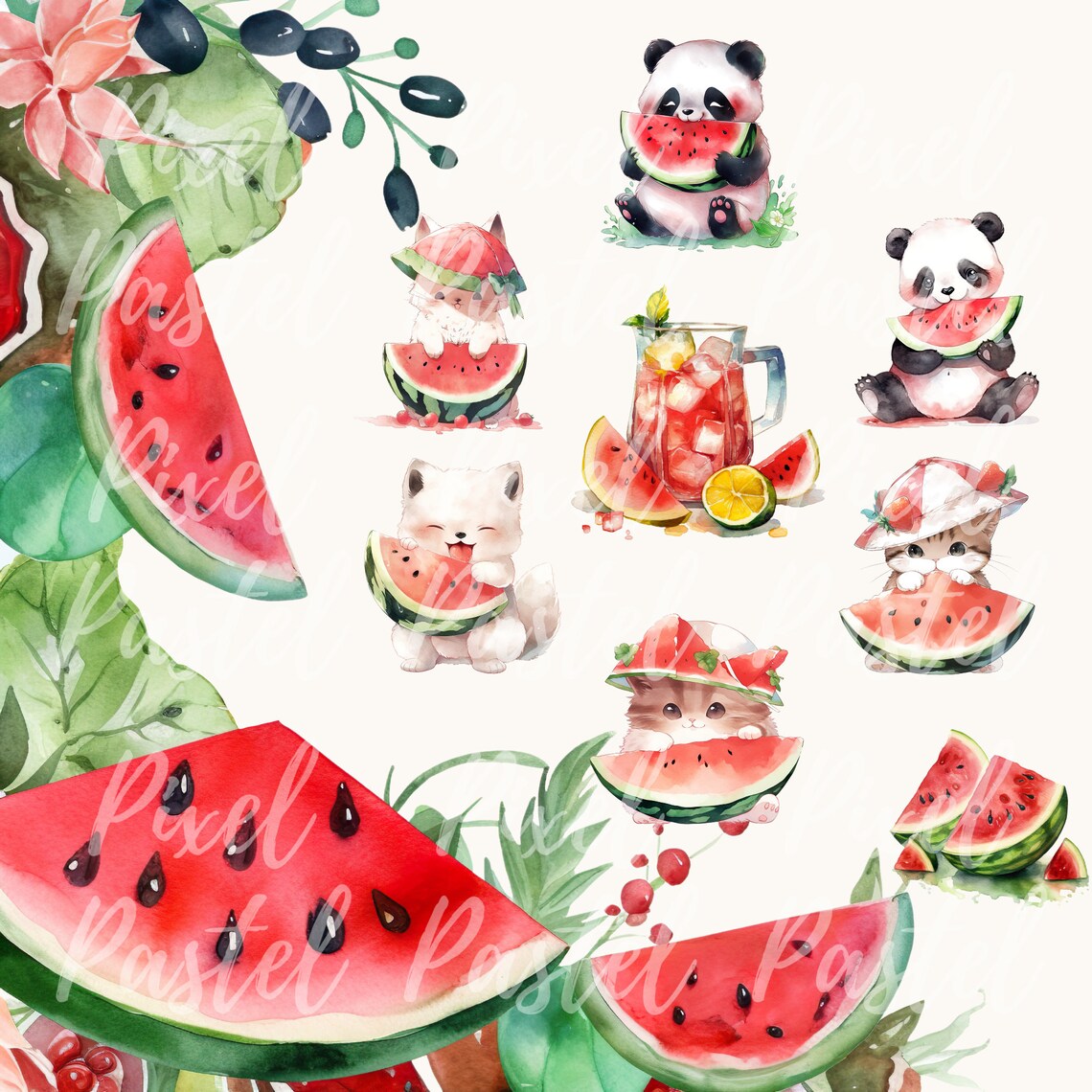 Watercolor Watermelon Clipart Summer Fruit Graphics Cute Animals Eating ...