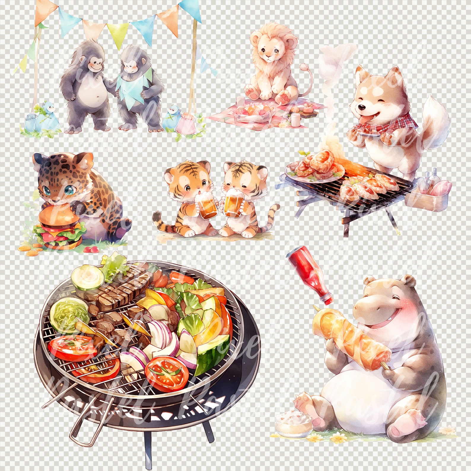 Watercolor Barbecue BBQ Clipart Cute Animal Party Clipart Summer ...
