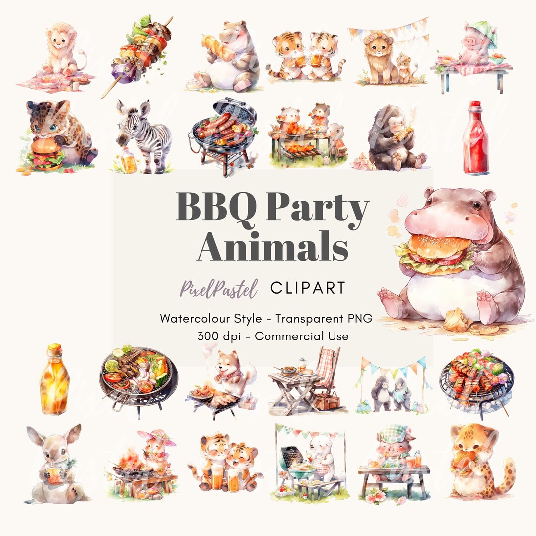 Watercolor Barbecue BBQ Clipart Cute Animal Party Clipart Summer ...