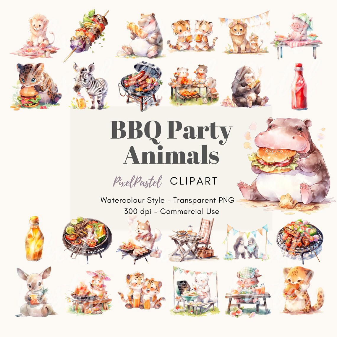 Watercolor Barbecue BBQ Clipart Cute Animal Party Clipart - Etsy