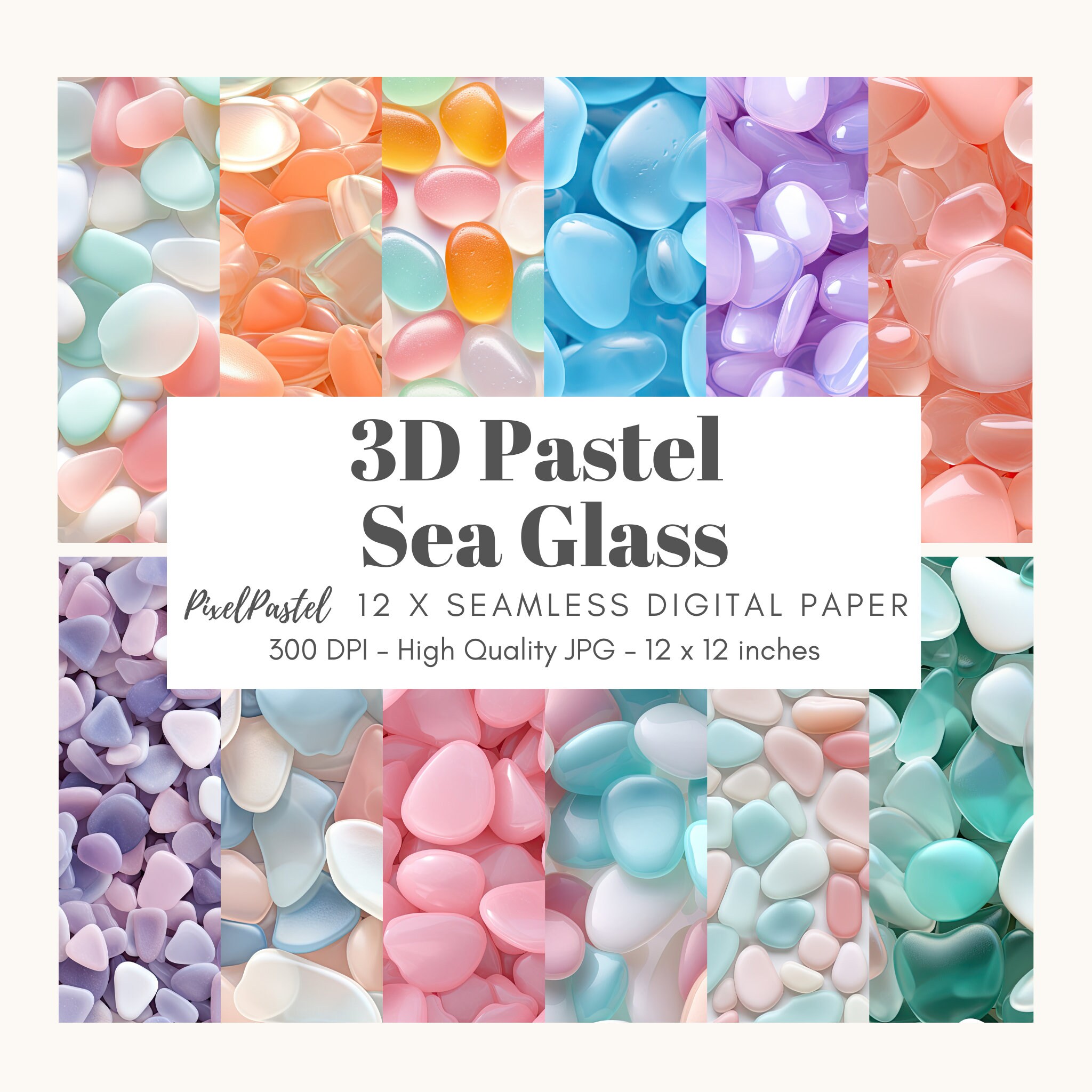 3D Pastel Sea Glass Digital Paper Seamless Pattern Beach Sea Glass ...
