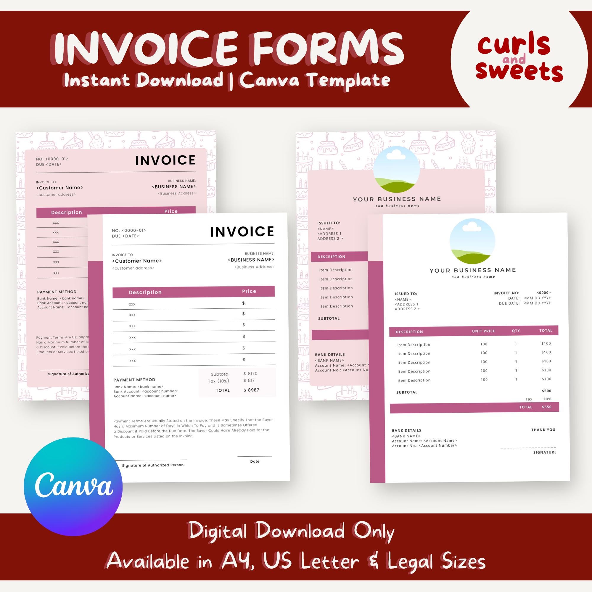 Editable Invoice Form | Pink Invoice Form Template | Etsy Shop Bakery ...