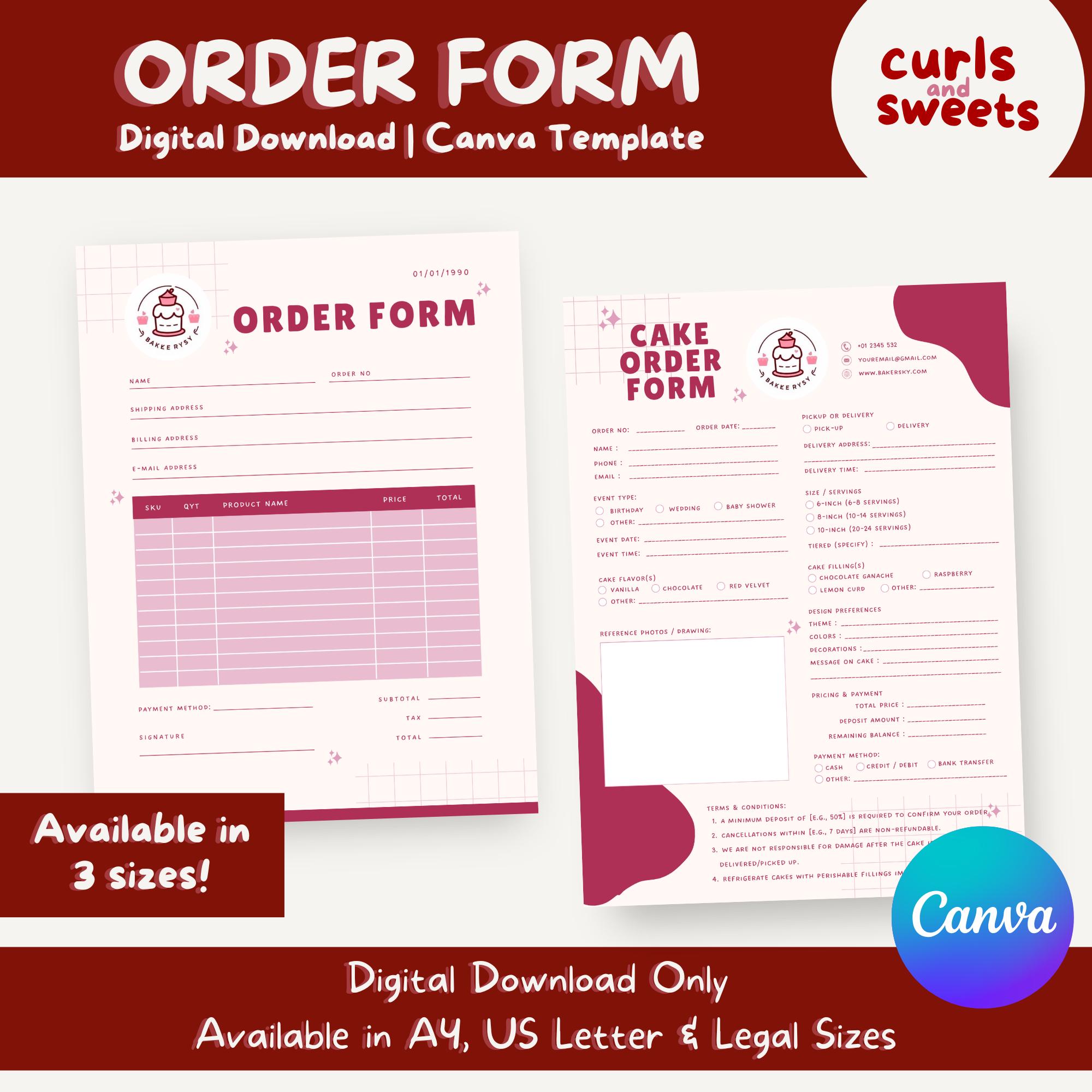 Editable Order Form | Pink Order Form Template | Bakery Business Forms ...