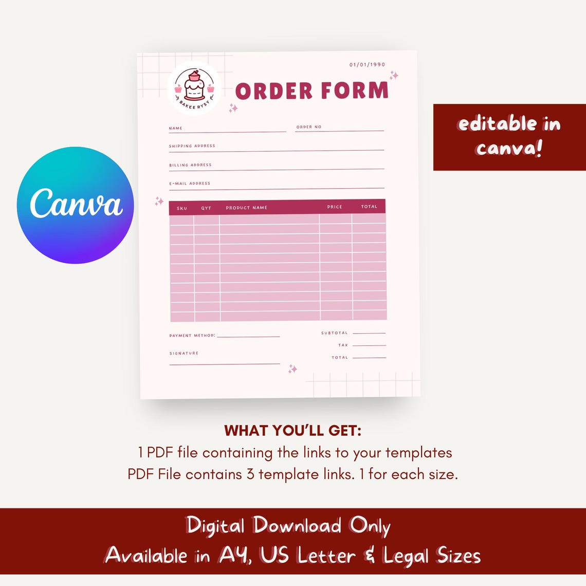 Editable Order Form | Pink Order Form Template | Bakery Business Forms ...