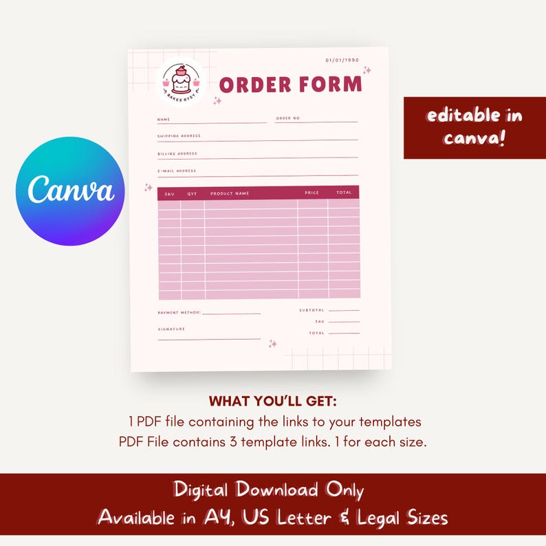Editable Order Form | Pink Order Form Template | Bakery Business Forms ...