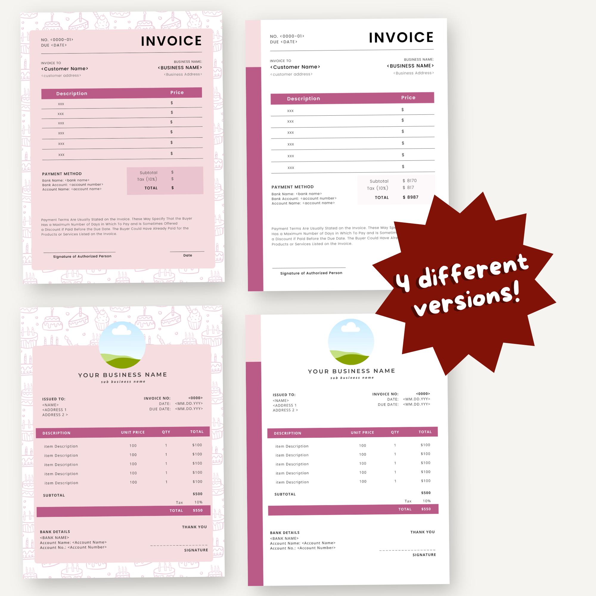 Editable Invoice Form | Pink Invoice Form Template | Etsy Shop Bakery ...