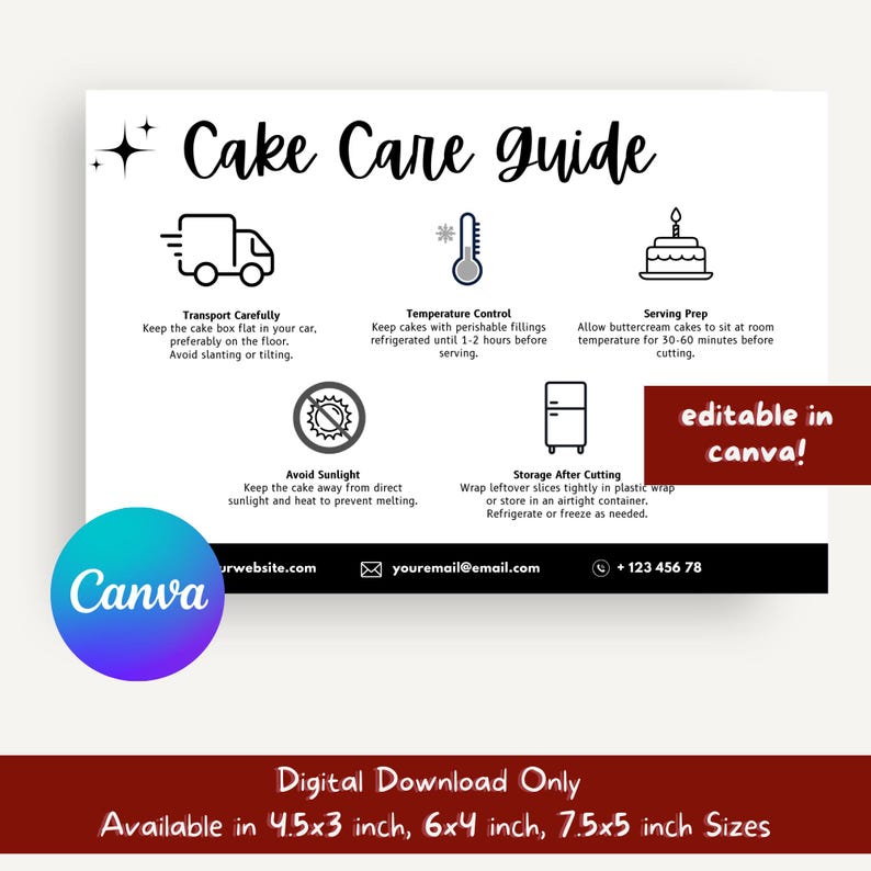Editable Cake Care Card Template: Minimalist Bakery Forms (digital ...
