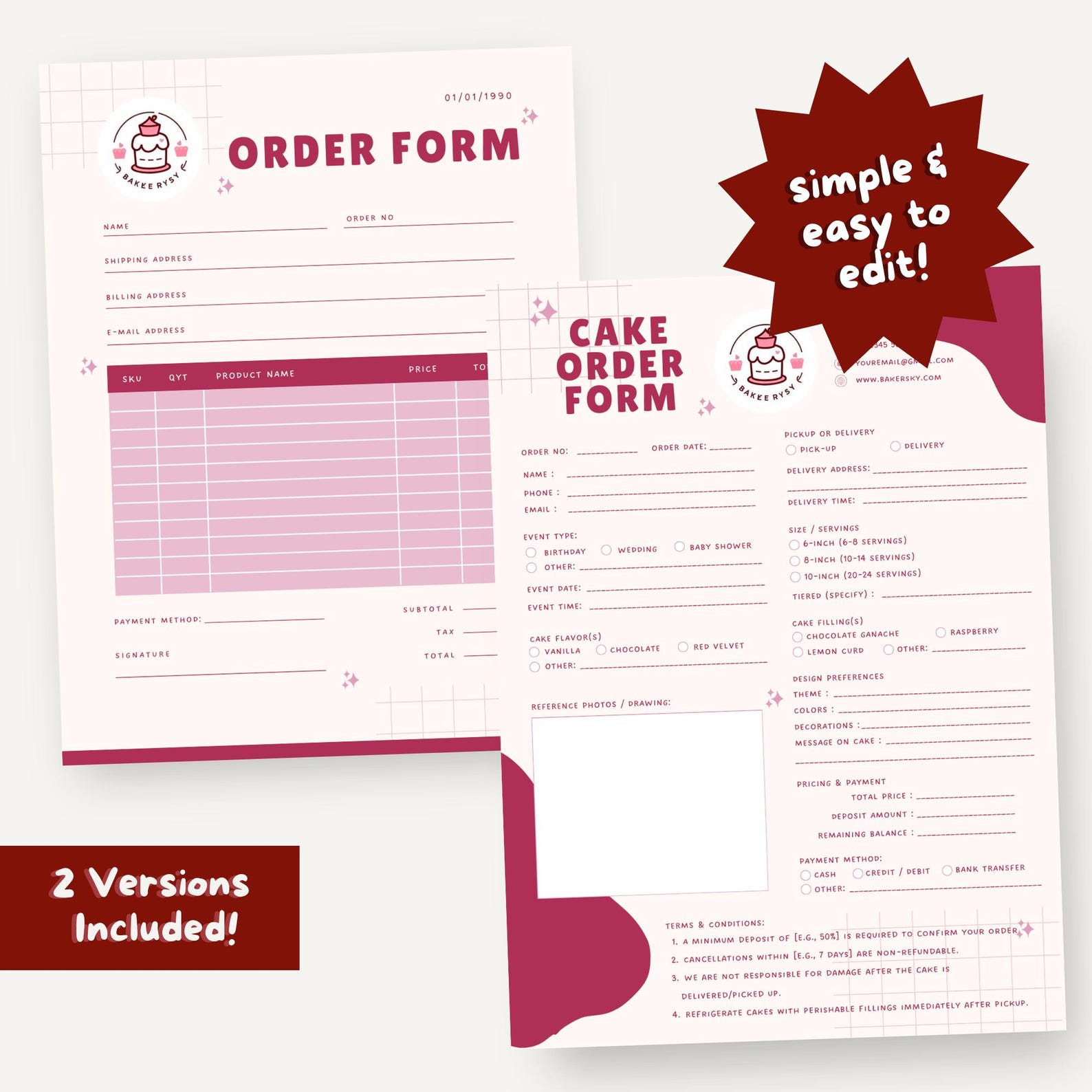 Editable Order Form | Pink Order Form Template | Bakery Business Forms ...