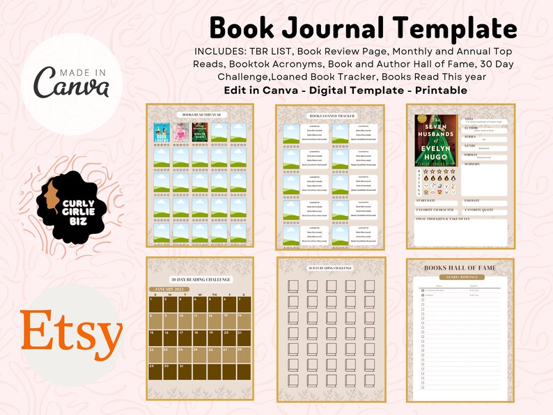 Reading Log Printable Canva Template Book Journal Printable - Etsy