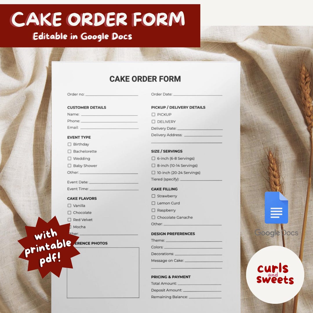 Editable Cake Order Form, Printable PDF, Made for You Order Form ...