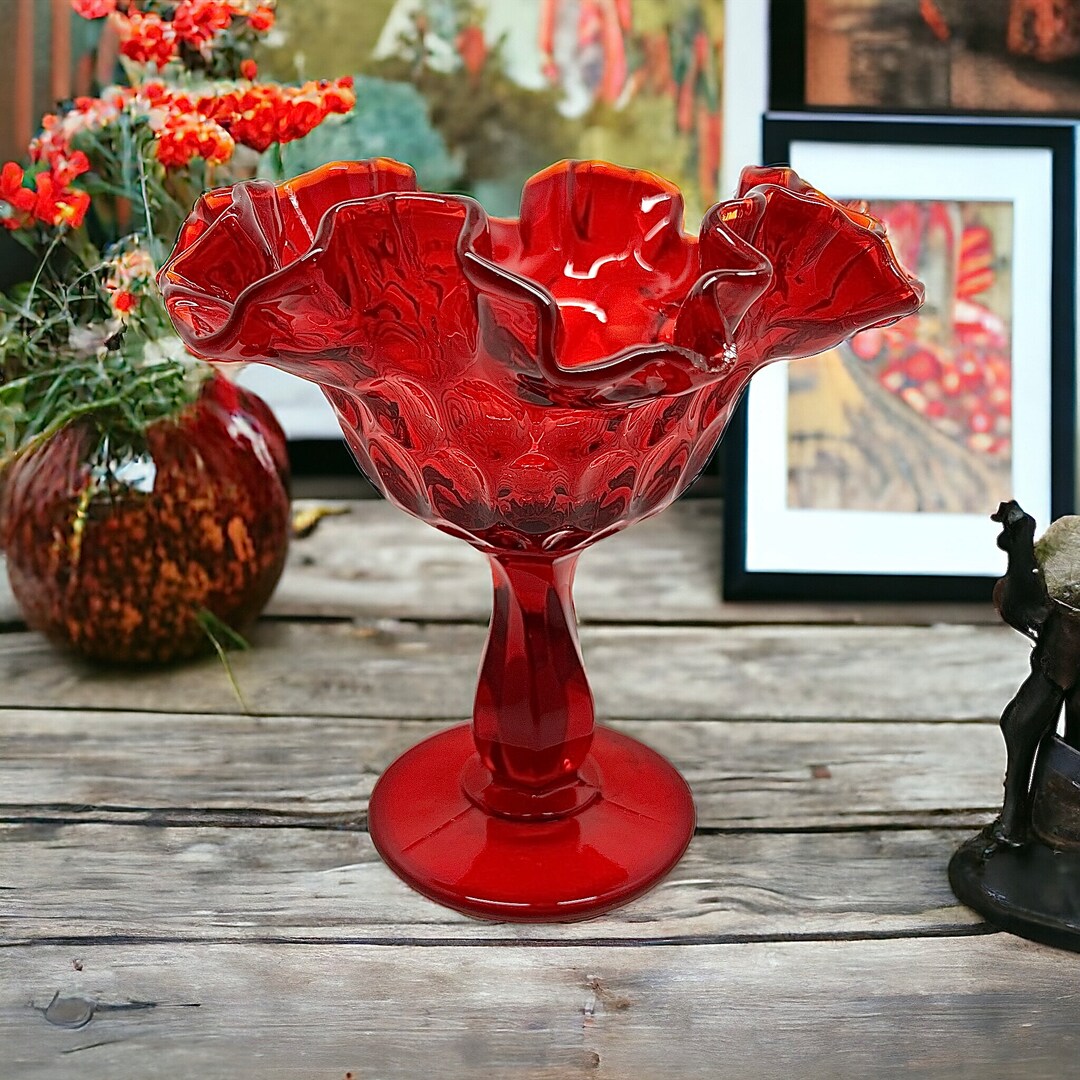 Vintage Fenton Glass Compote Candy Dish - Ruffled Edge Pedestal Dish ...