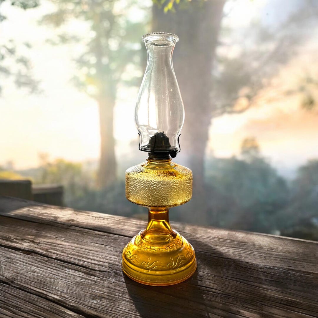 Vintage Amber Glass Kerosene Oil Eagle Lamp - Hurricane Table Lamp With ...