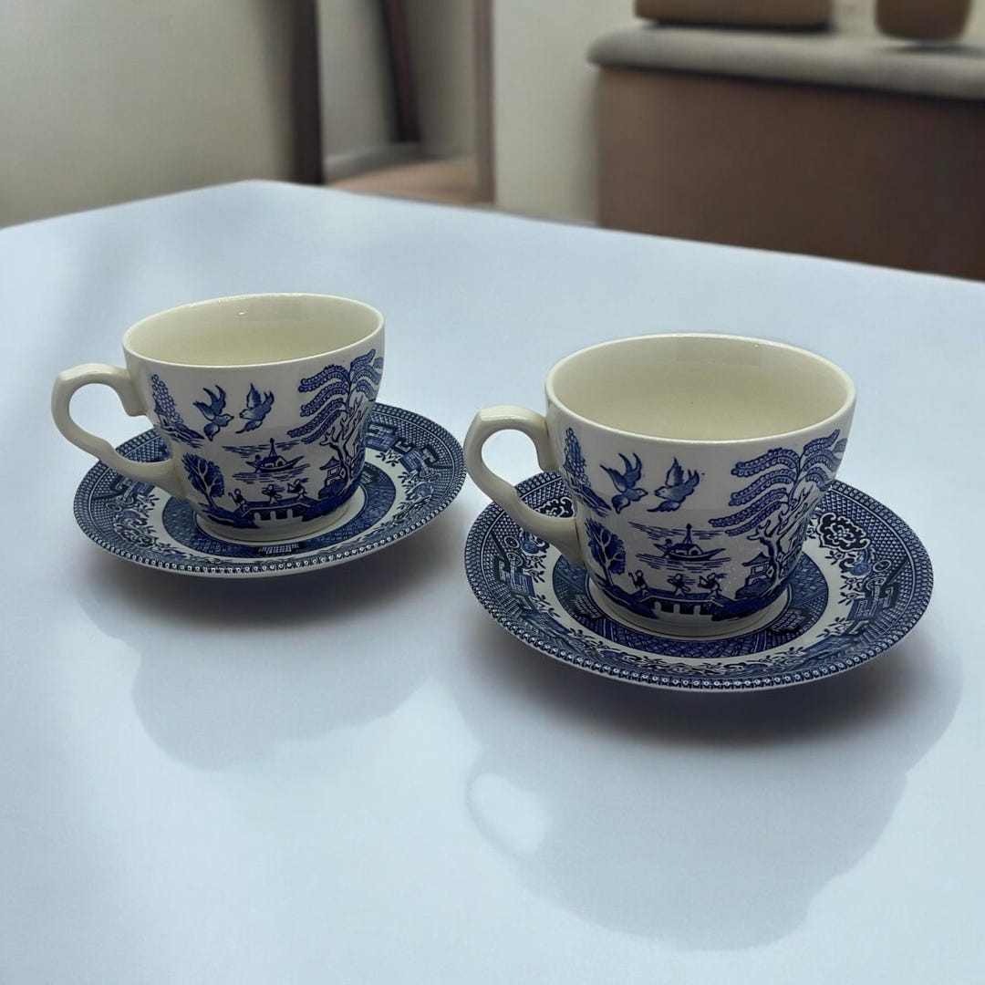 Churchill England Blue Willow Cup and Saucer Set, Blue and White ...