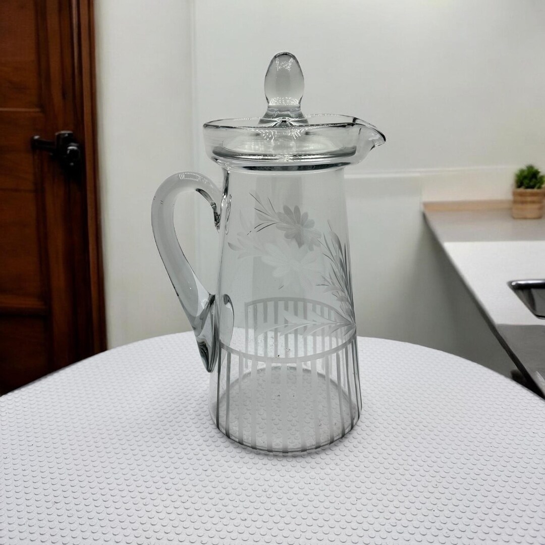 Vintage Etched Glass Pitcher With Lid – Floral & Striped Design Clear ...