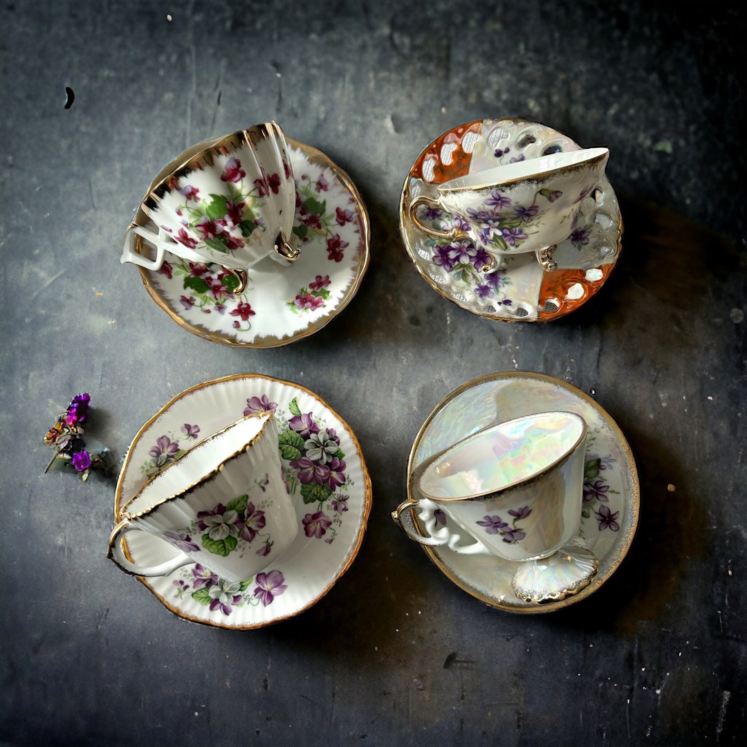Vintage Teacup and Saucers 4 Unique Sets Purple Floral Pattern With ...