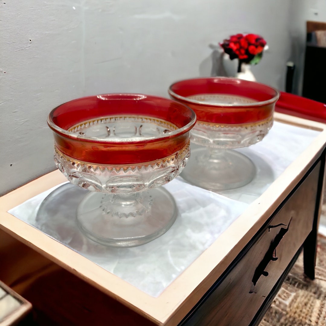Vintage Cranberry Glass Compote Bowl King’s Crown Thumbprint Pattern ...