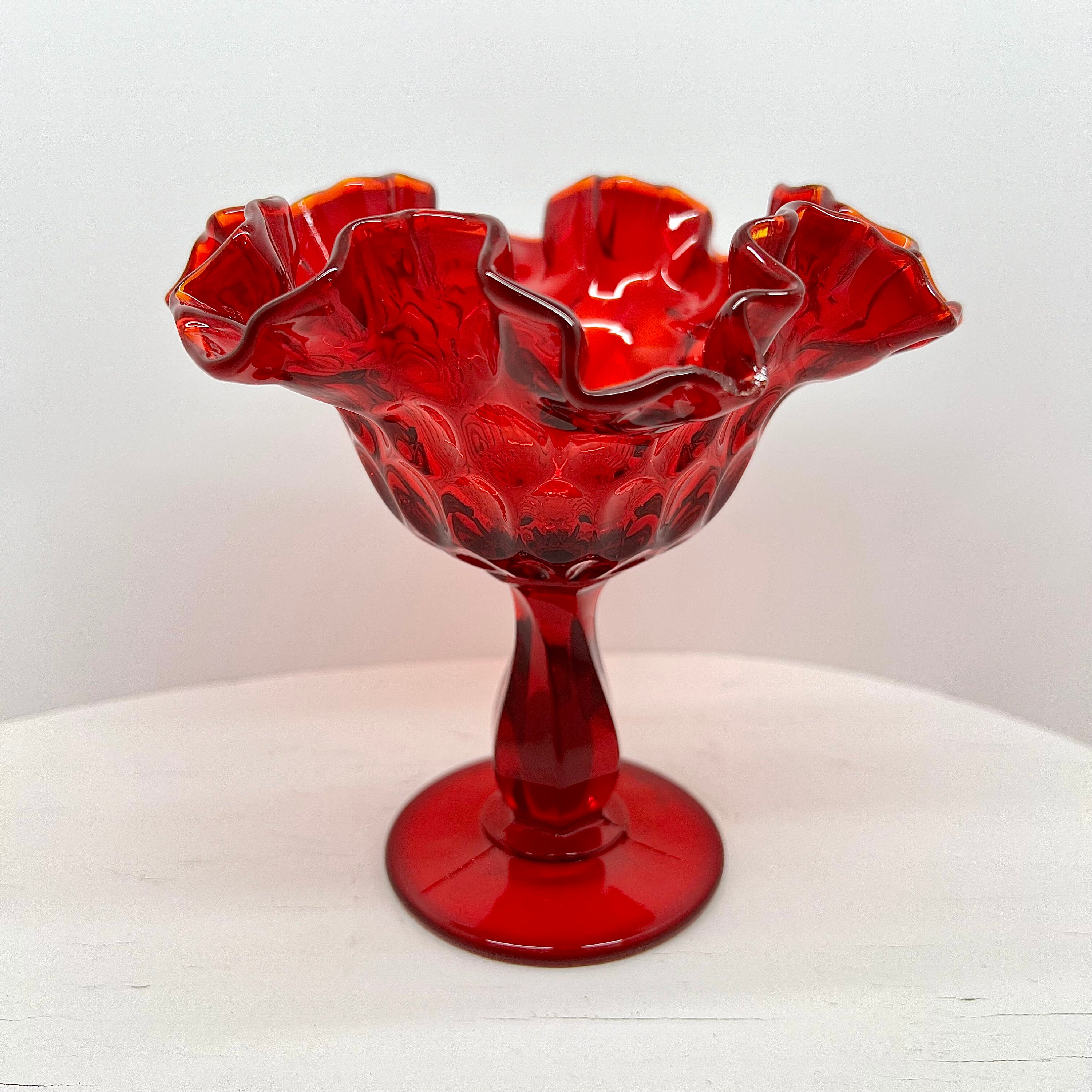 Vintage Fenton Glass Compote Candy Dish Ruffled Edge Pedestal Dish Ruby ...