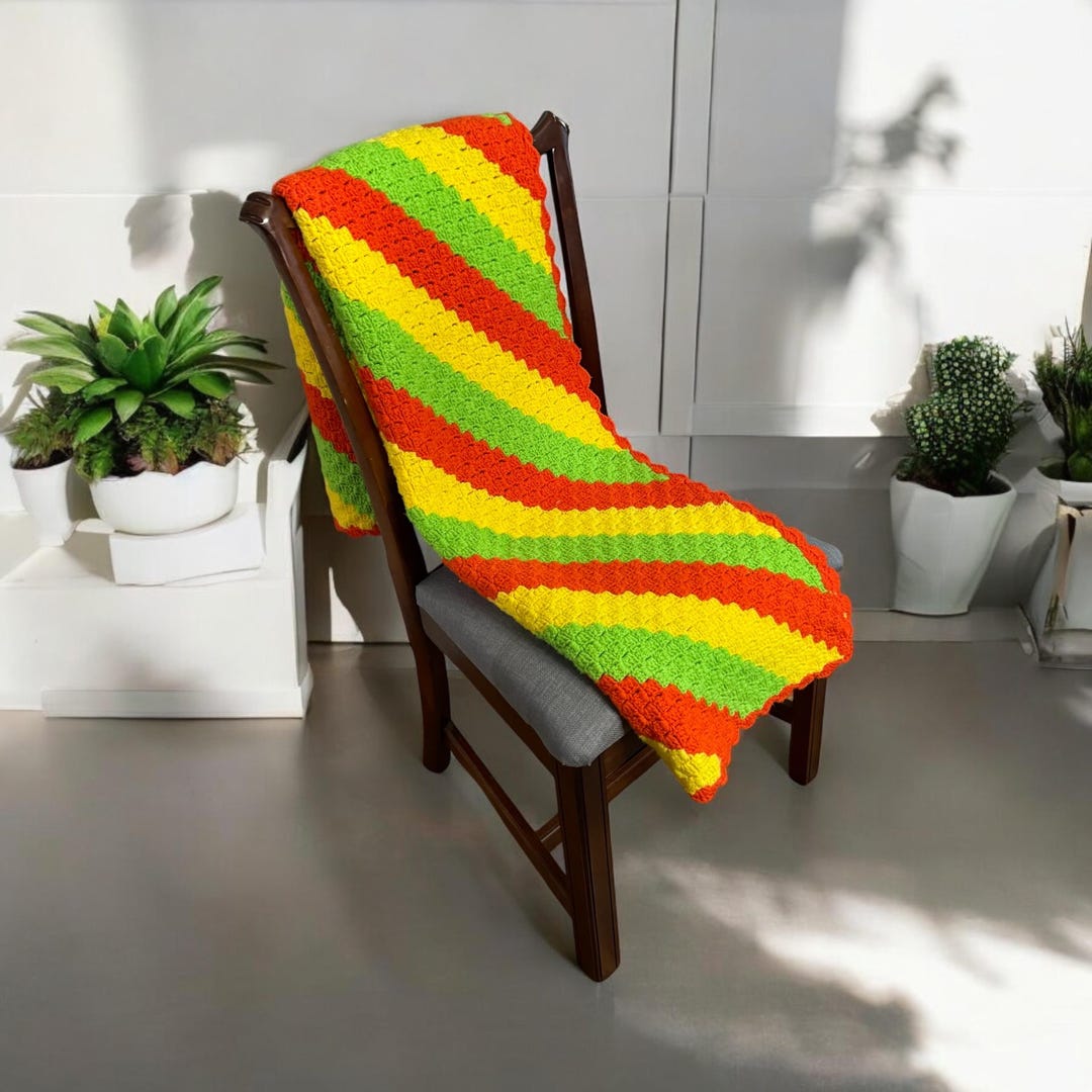 Handmade Blanket Neon Crochet Afghan – Large 70s Retro Knit Throw ...