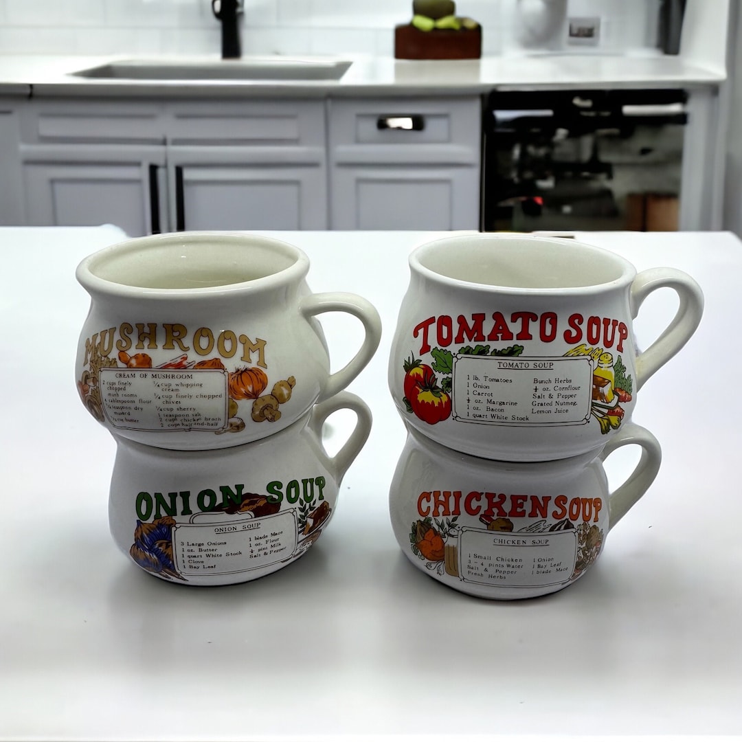 Vintage Soup Mugs Retro Recipe Mugs Set of 4 Tomato Chicken Mushroom ...