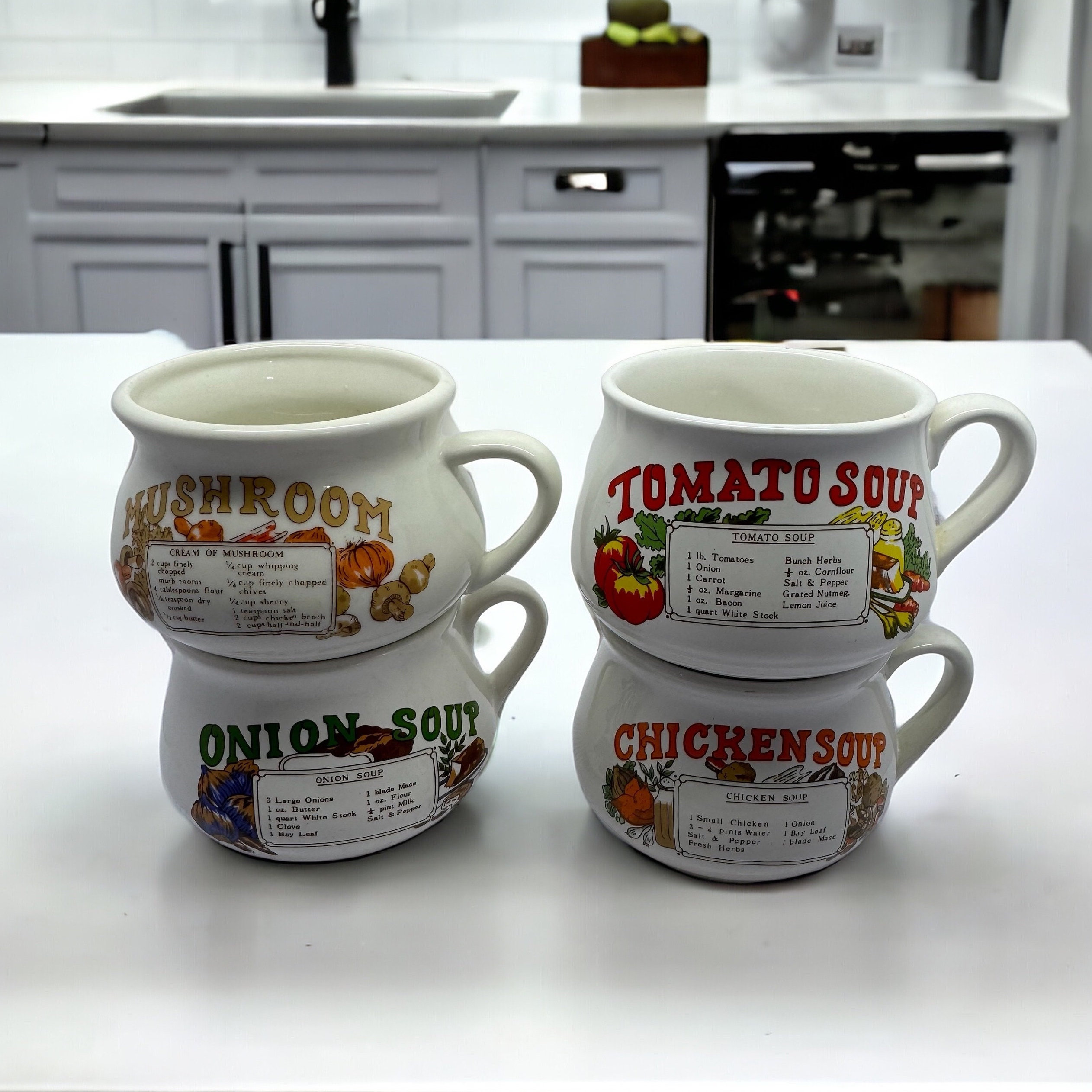 Vintage Soup Mugs Retro Recipe Mugs Set of 4 Tomato Chicken Mushroom ...