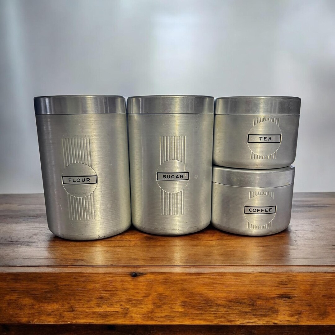 Vintage 4 Piece Tin Kitchen Canister Set - Metal Lids for Tea Coffee ...