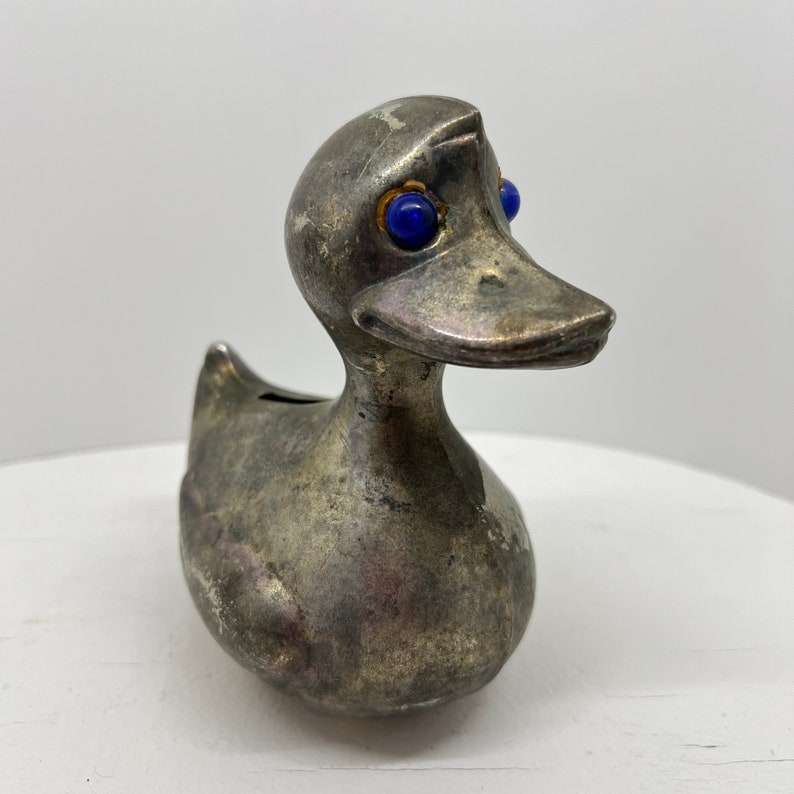 Vintage Silver Rubber Ducky Coin Bank With Blue Glass Eyes Key Included ...