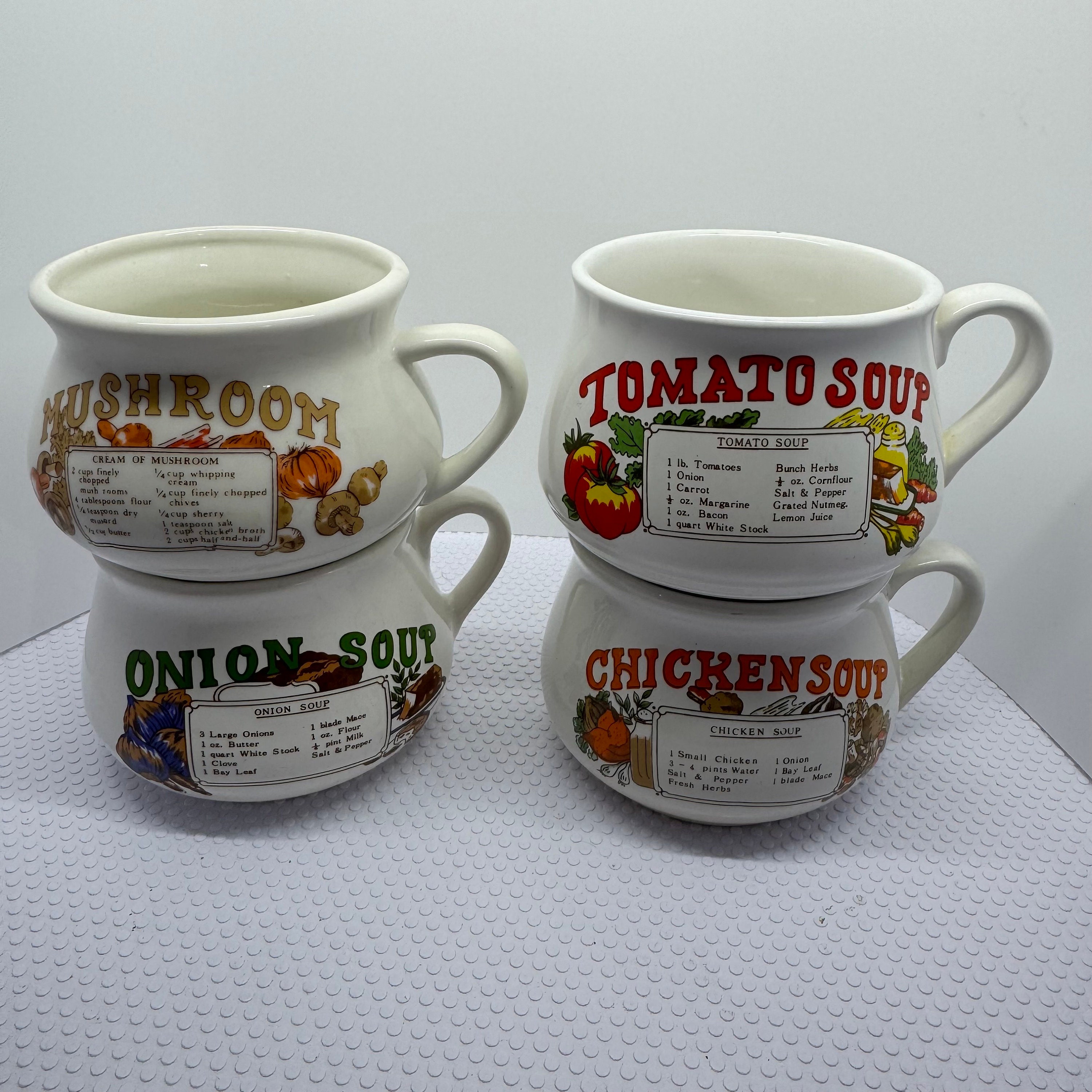 Vintage Soup Mugs Retro Recipe Mugs Set of 4 Tomato Chicken Mushroom ...