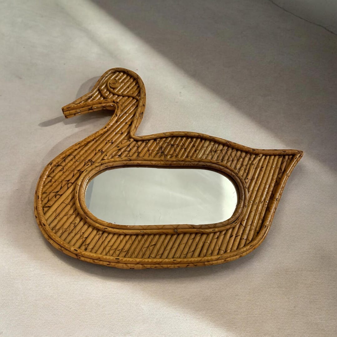 Vintage Wicker Style Mirror Duck Shaped Wood and Glass Goose Wall Decor ...
