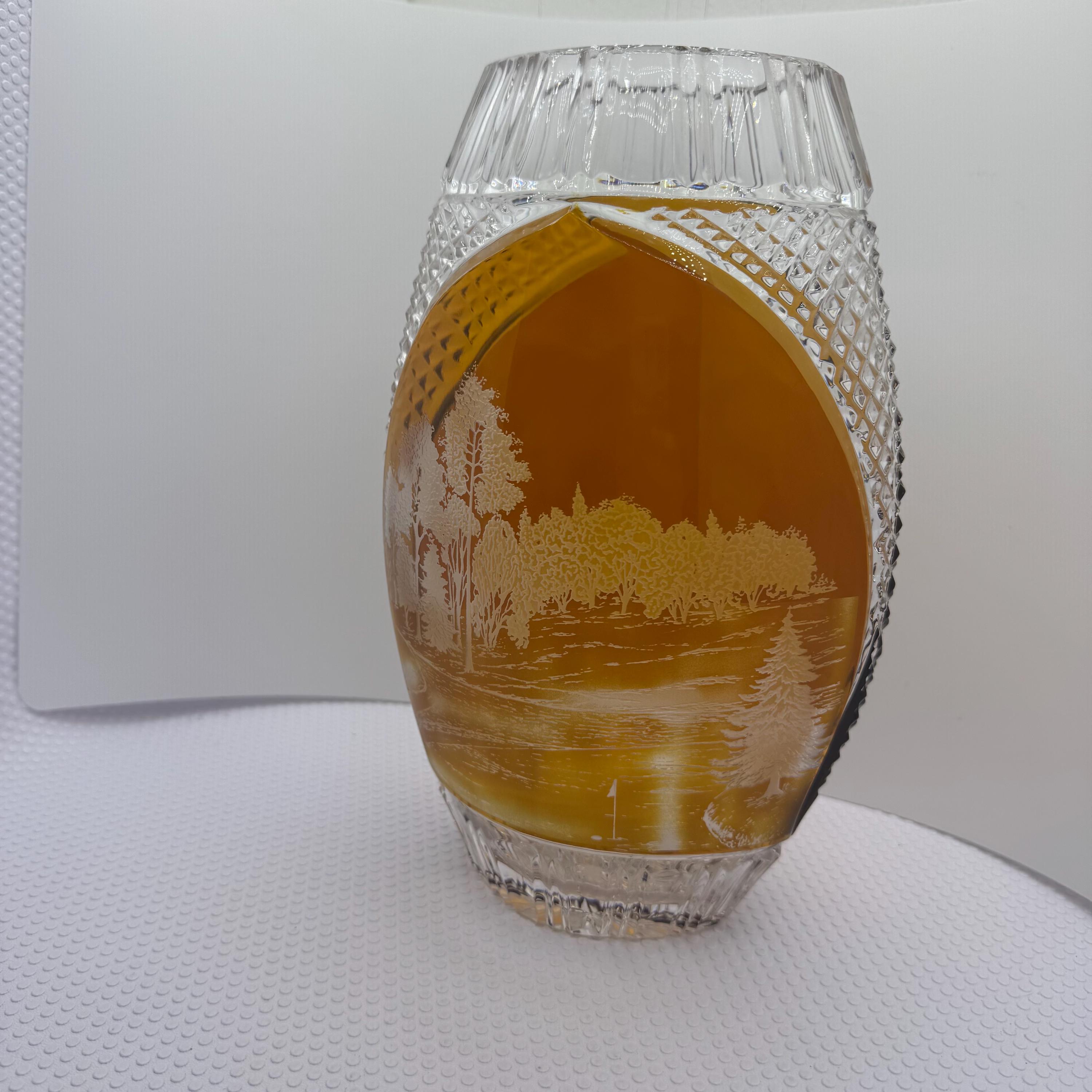 Vintage Julia Moth Blown Cut Crystal Amber Vase - Etched Glass Tree ...